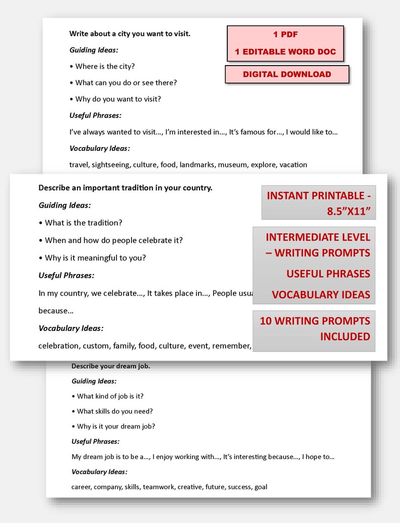 Adult ELL Worksheets | English Language Learning | Writing Prompts ...