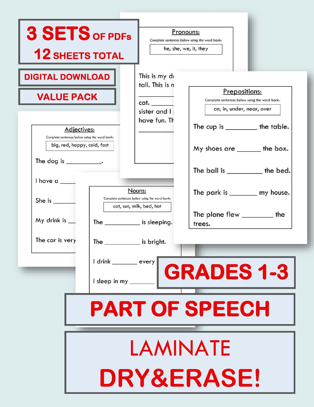 Parts of Speech Worksheets: Elementary Grammar Practice (digital ...