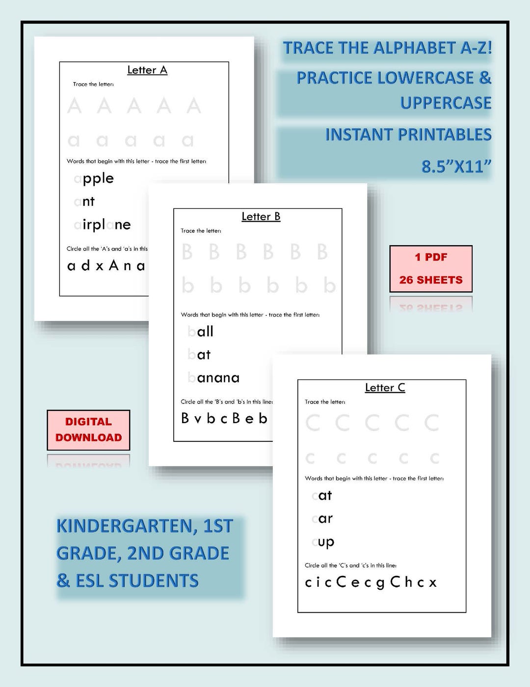 Alphabet Tracing Worksheets Printable A-Z Uppercase & Lowercase ...