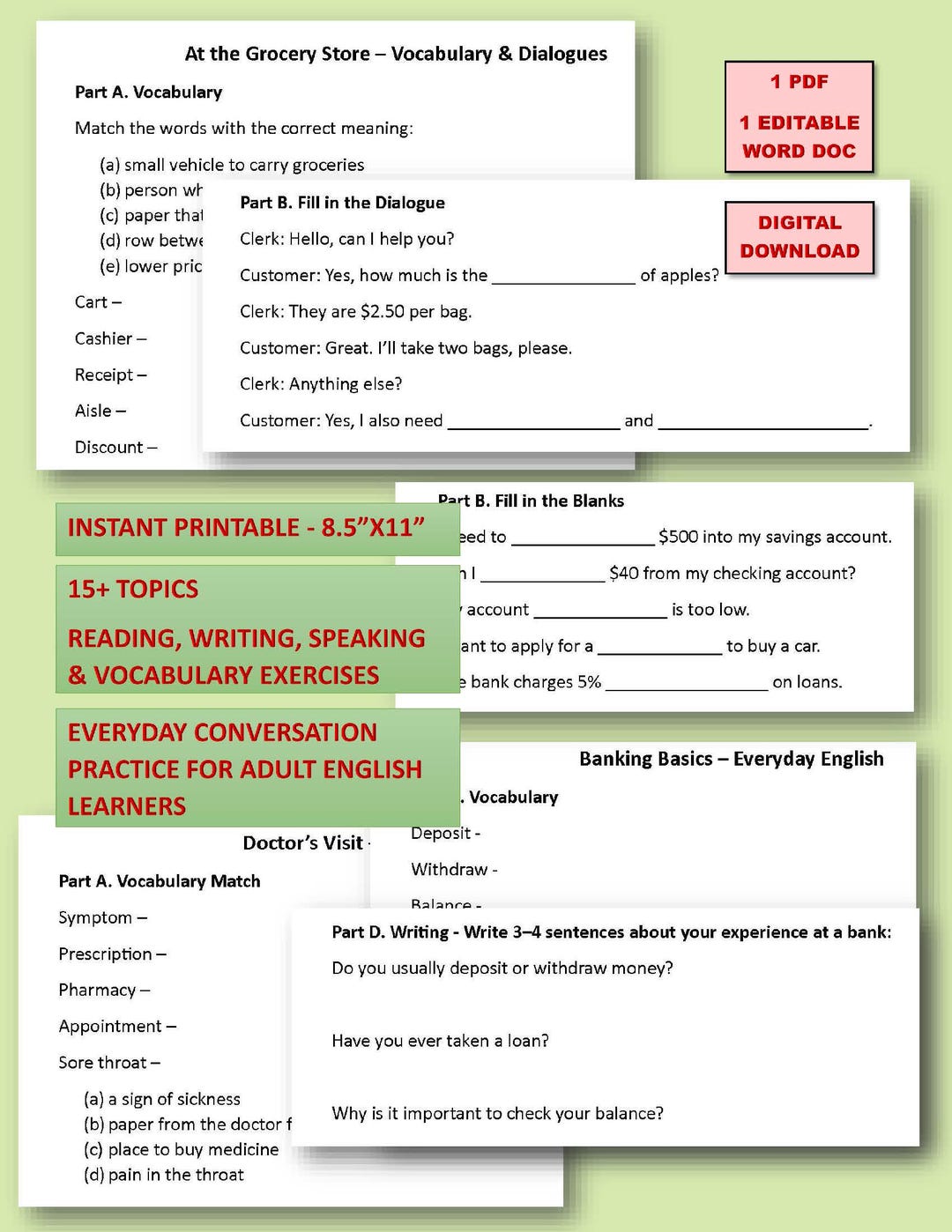 Adult ESL Worksheets, Real-life English Dialogues (printable Pack) - Etsy