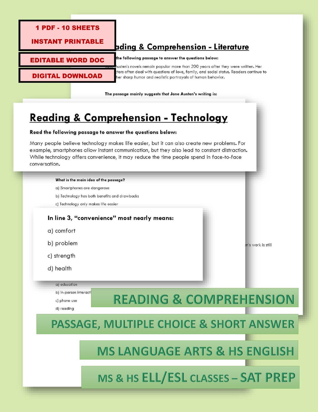 Reading Comprehension Worksheets: High School, SAT Prep (PDF Download ...