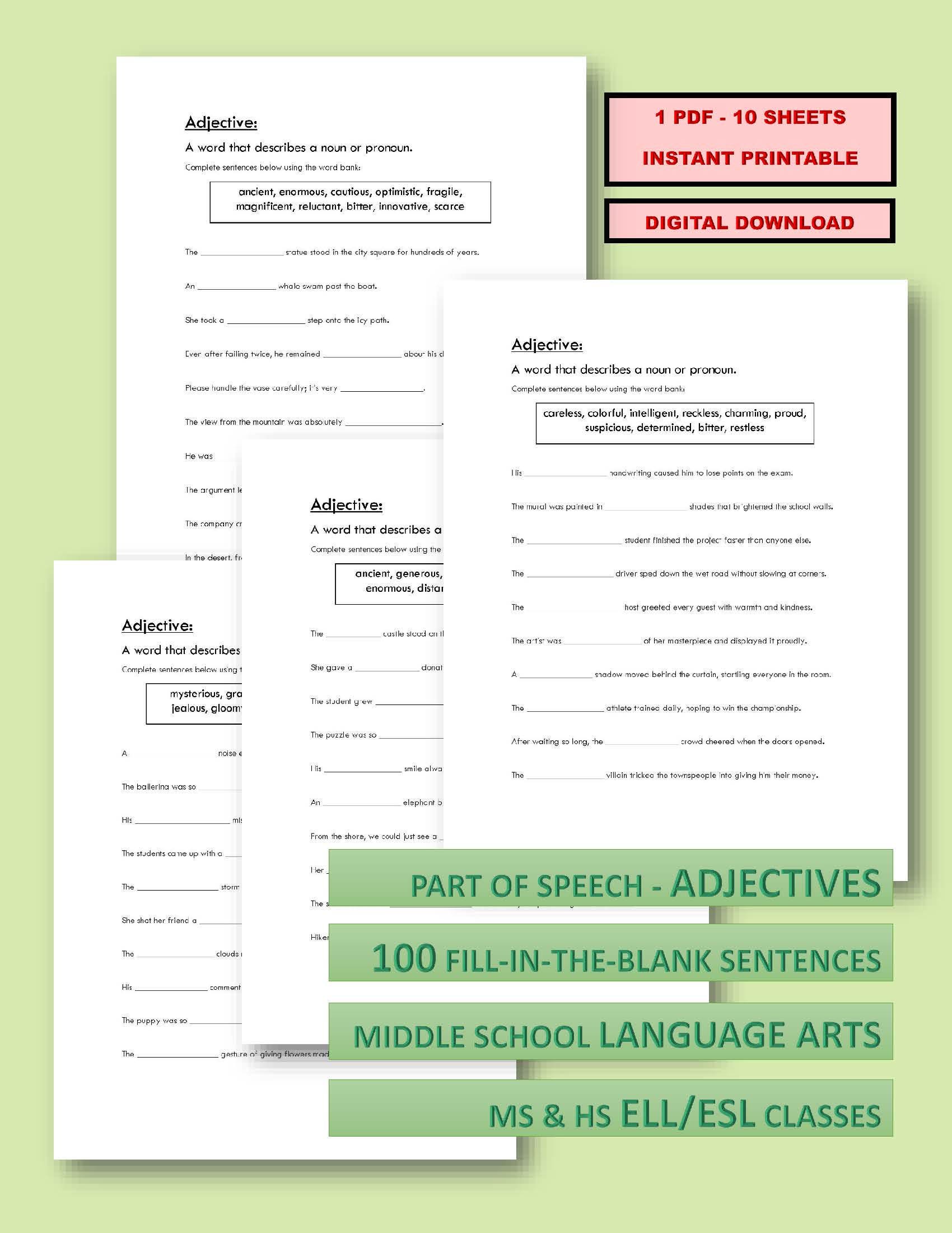 Adjective Practice Worksheets: Middle & High School Grammar (PDF ...