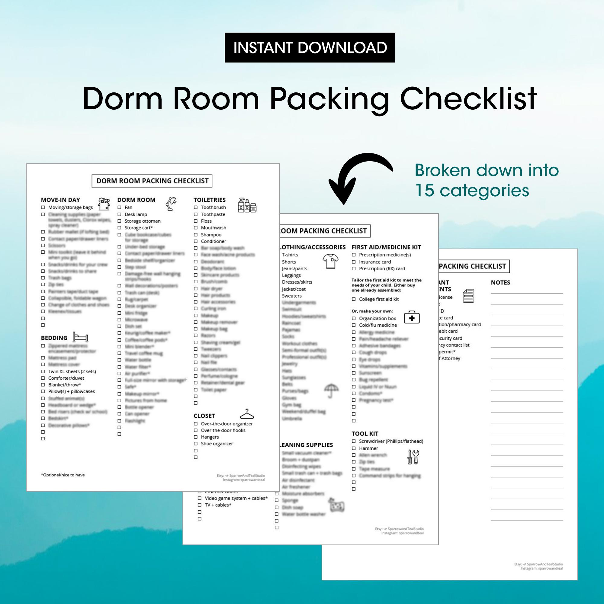 Dorm Room Packing Checklist, College Packing List, Tips for Dorm Room ...