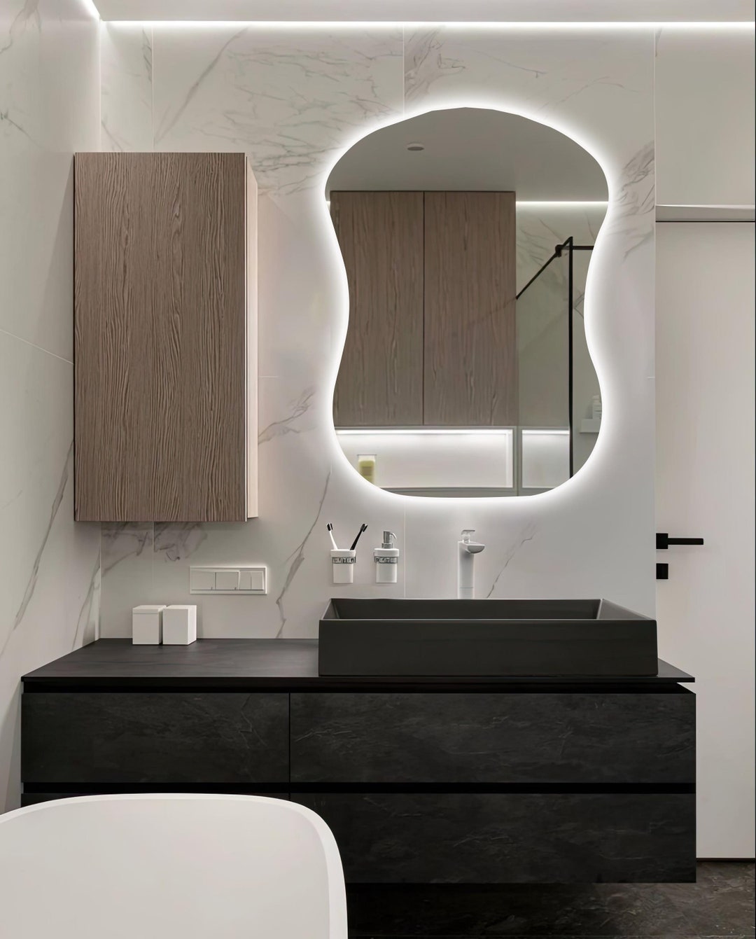 Asymmetrical Lighted Mirror, Irregular Led Lihted Vanity Mirror ...