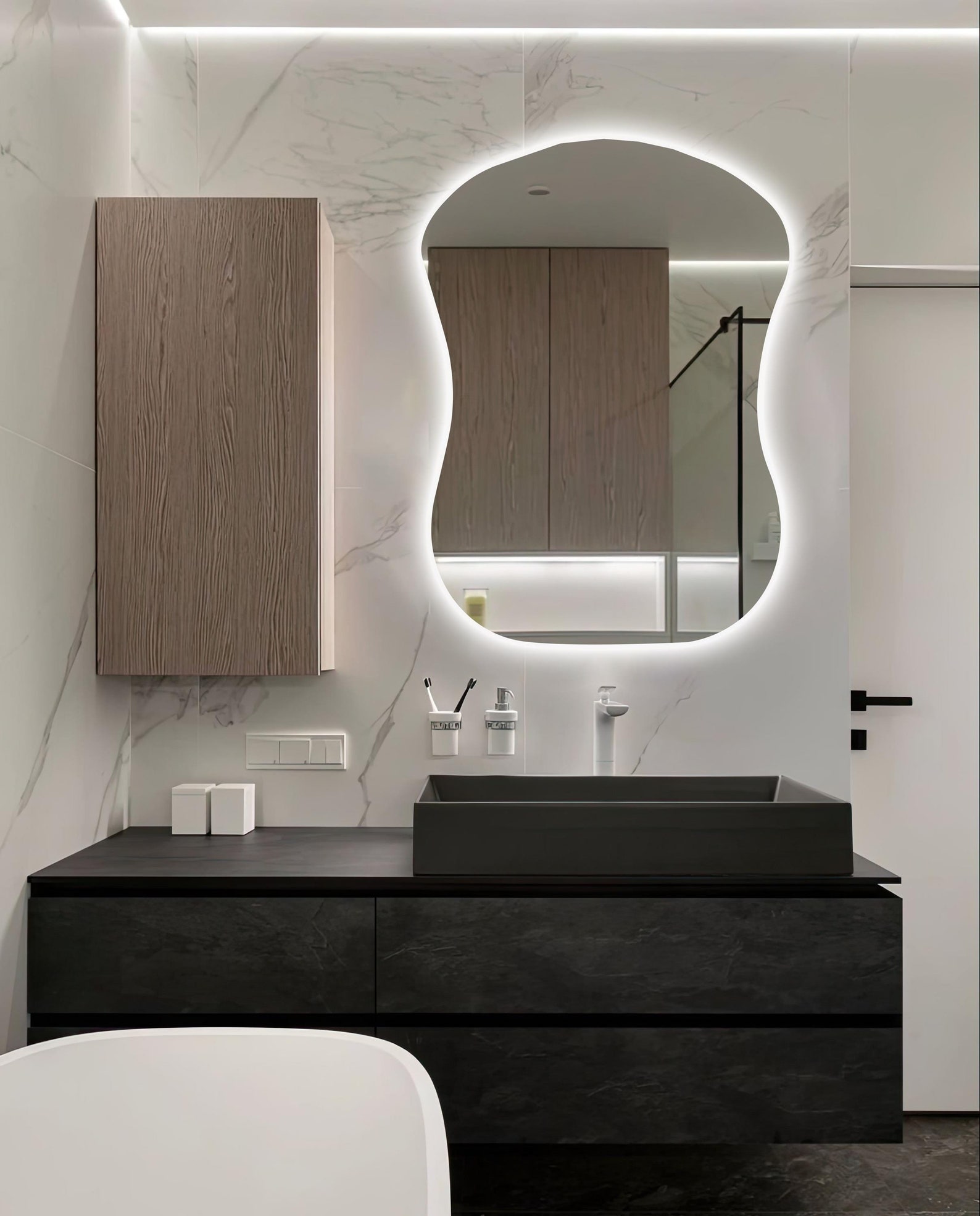 Asymmetrical Lighted Mirror, Irregular Led Lihted Vanity Mirror ...