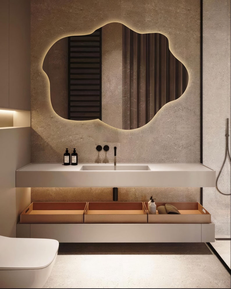 Wavy Cloud Illuminated Mirror, Modern Asymmetrical Led Mirror, Led Wall ...