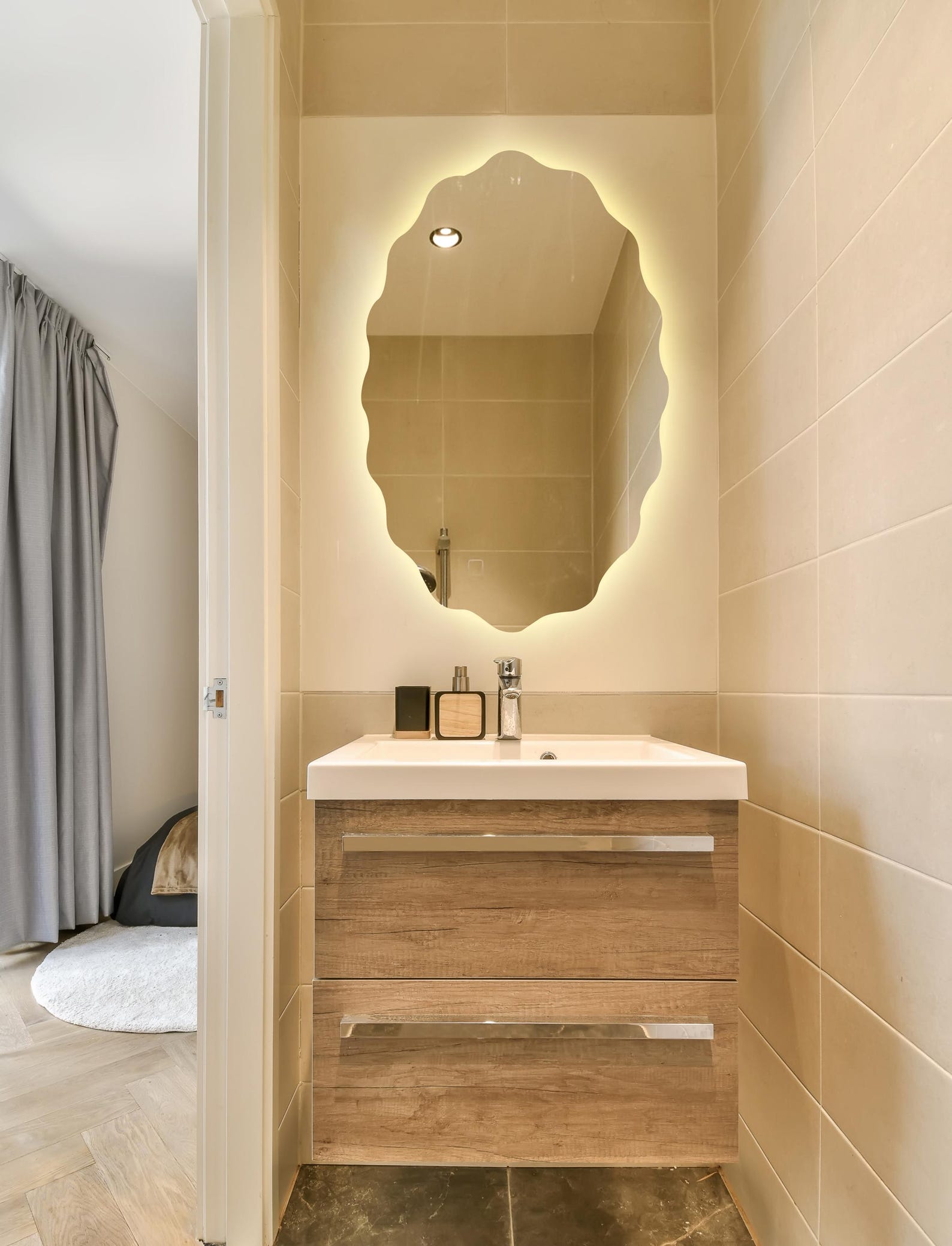 Oval Asymmetrical Led Mirror for Bathroom, Modern Decorative Mirror ...