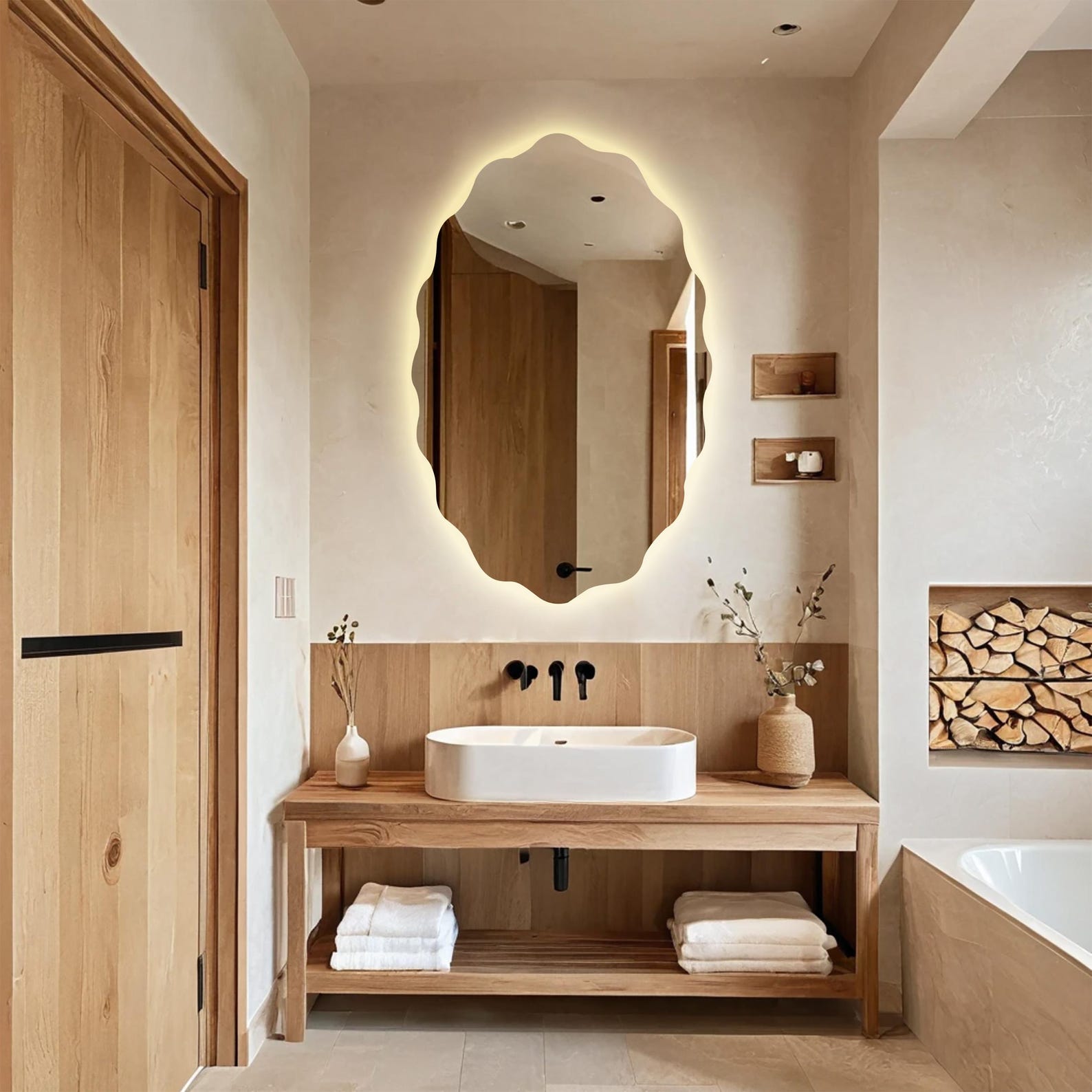 Oval Asymmetrical Led Mirror for Bathroom, Modern Decorative Mirror ...