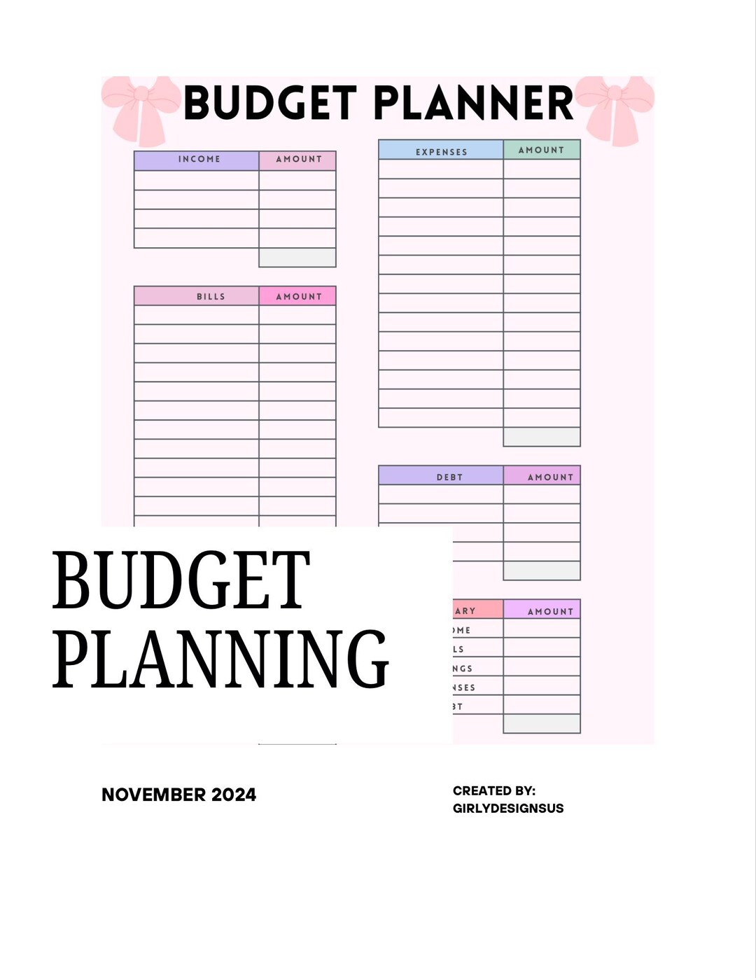 Girly Budget Planner: Cute Bow Design for Monthly Expense Tracking ...