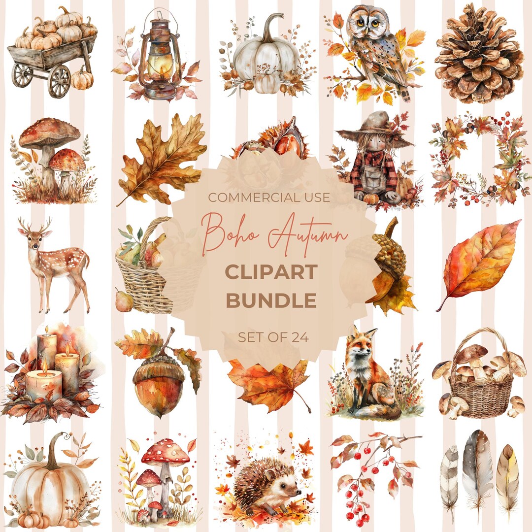 Boho Autumn Clipart Bundle: Watercolor Pumpkins, Leaves, Animals ...