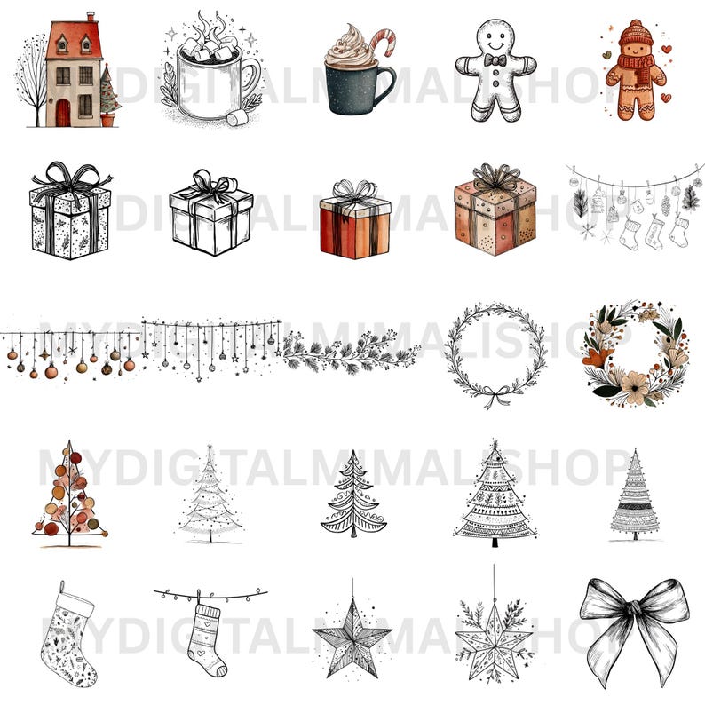 Boho Christmas Clipart Set: Watercolor Doodles, Santa, Trees (digital ...