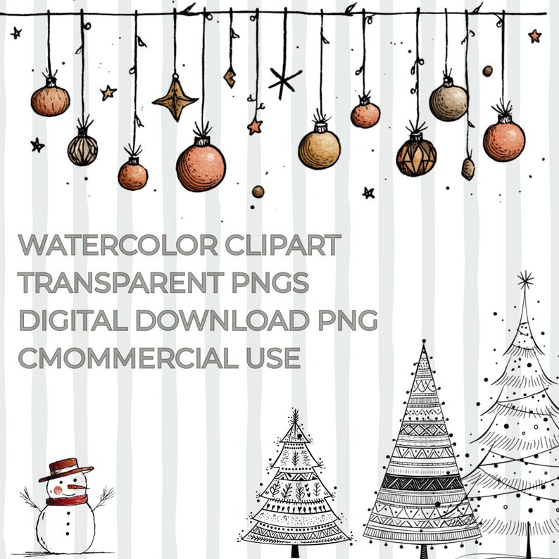 Boho Christmas Clipart Set: Watercolor Doodles, Santa, Trees (digital ...