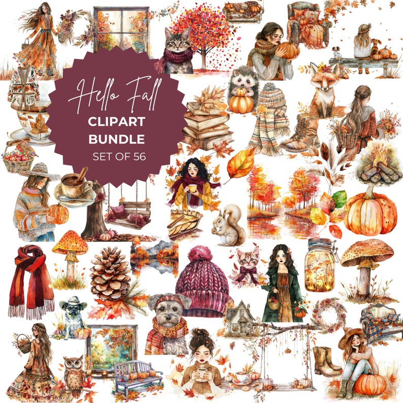 Boho Autumn Watercolor Clipart Bundle: Women, Animals, Flowers (56 Pngs ...