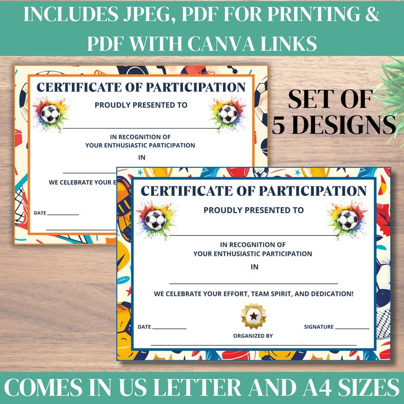 Certificate of Participation Template - Editable, Soccer Diploma Sports ...