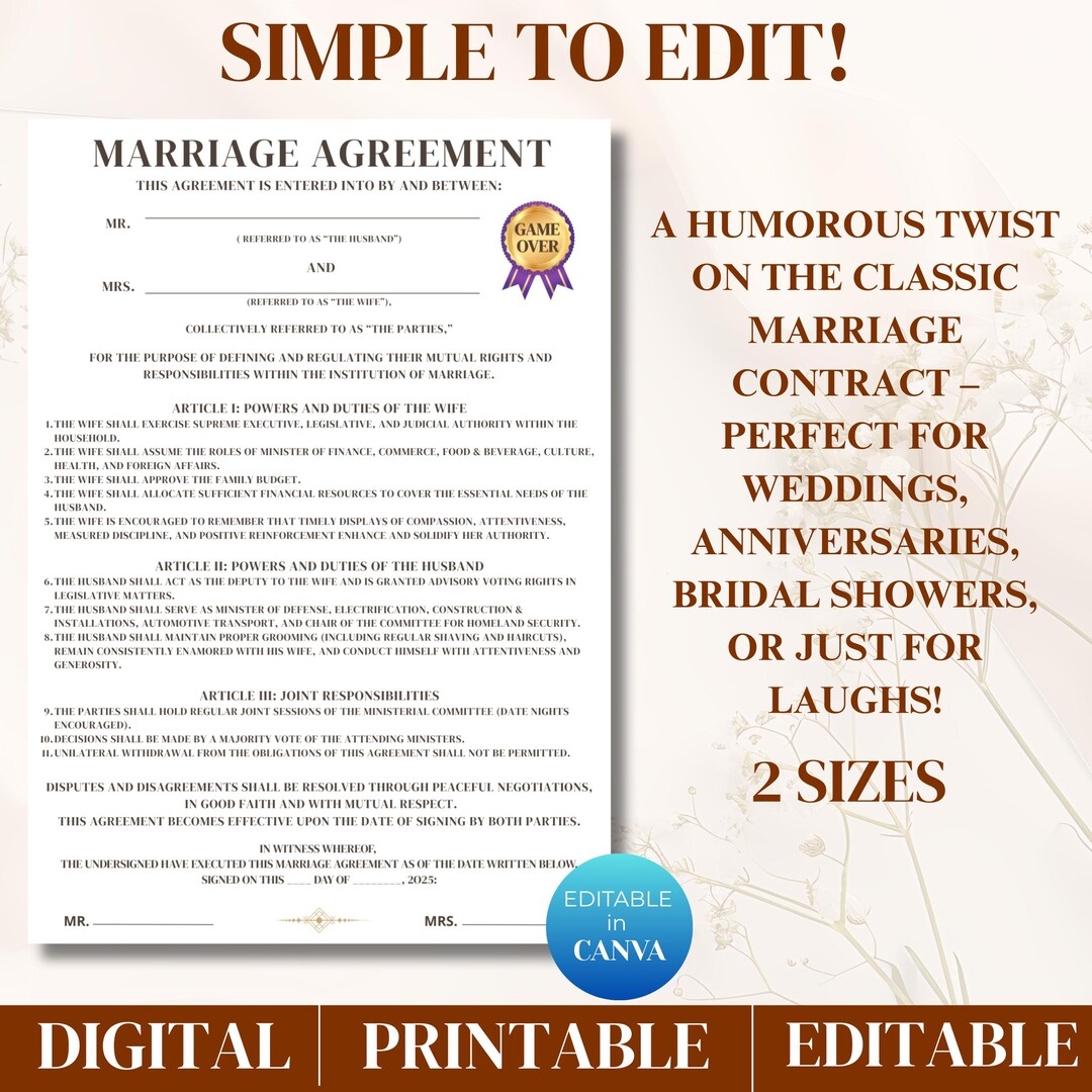 Funny MARRIAGE AGREEMENT Template - Instant Download - Printable Best ...