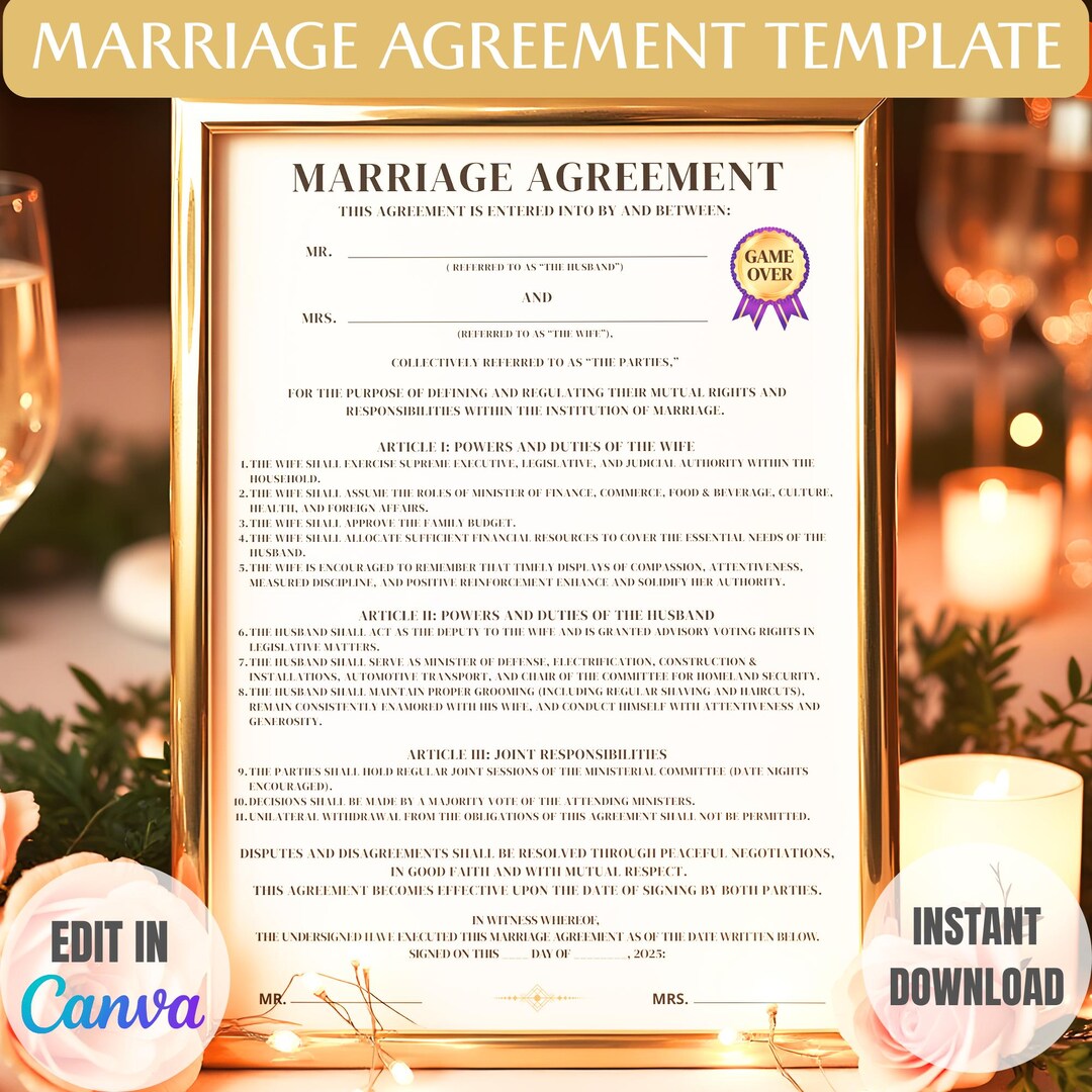 Funny MARRIAGE AGREEMENT Template - Instant Download - Printable Best ...