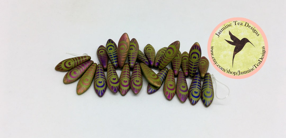 16x5mm Laser Wasabi Peacock Eye Dagger Beads, 25 Daggers per Strand ...