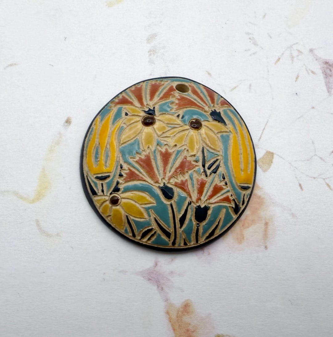 Wildflowers Dark Forest Green, Round Stoneware Pendant, Golem Design ...
