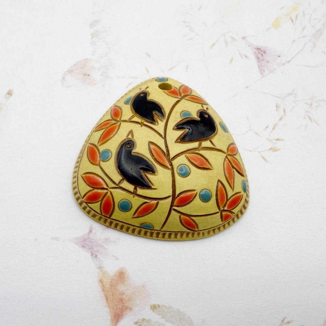 Hand Carved Stoneware Triangle Pendant, Black Birds, Golem Design - Etsy