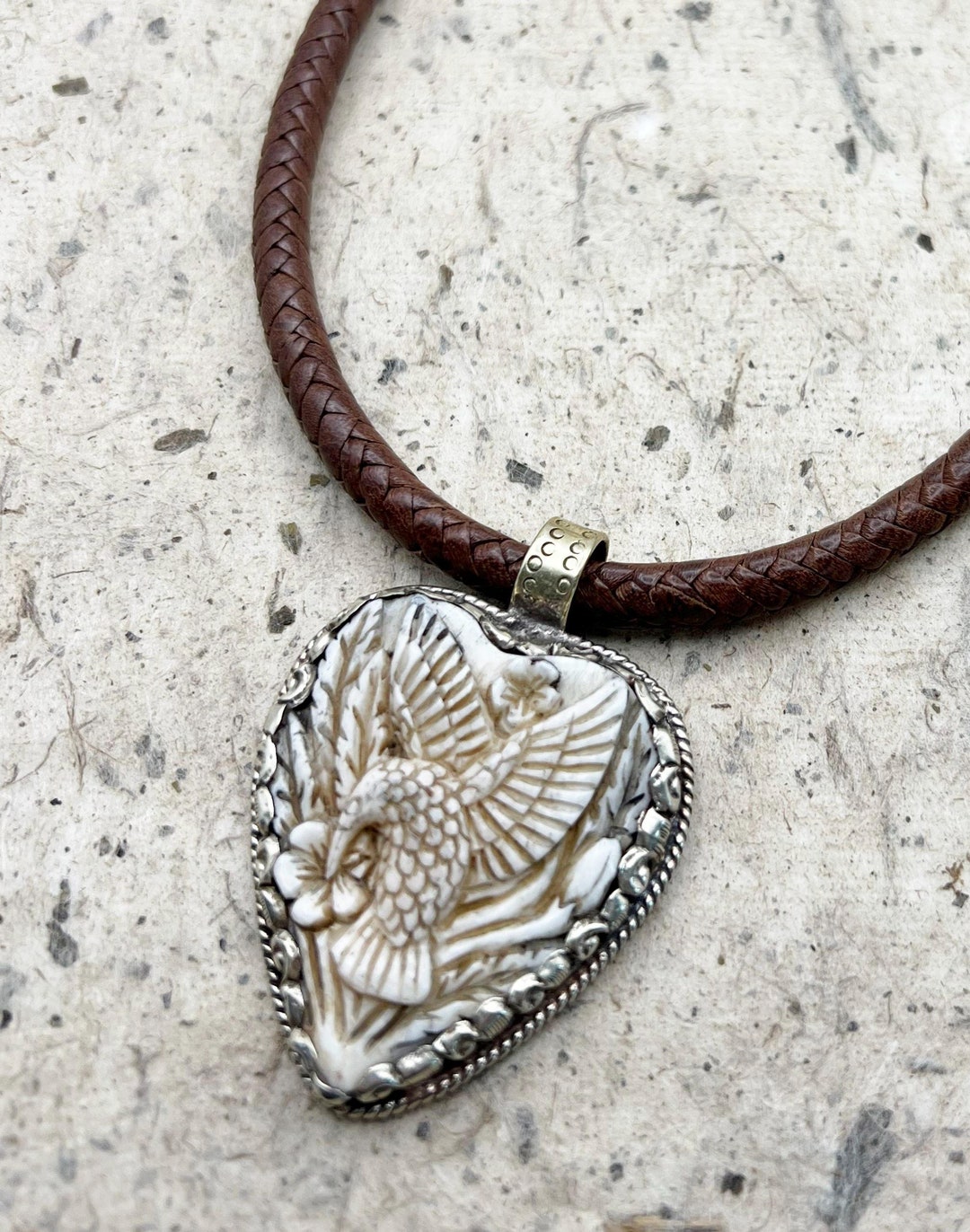 Carved Water Buffalo Horn Hummingbird Pendant: Silver Repousse, Braided ...