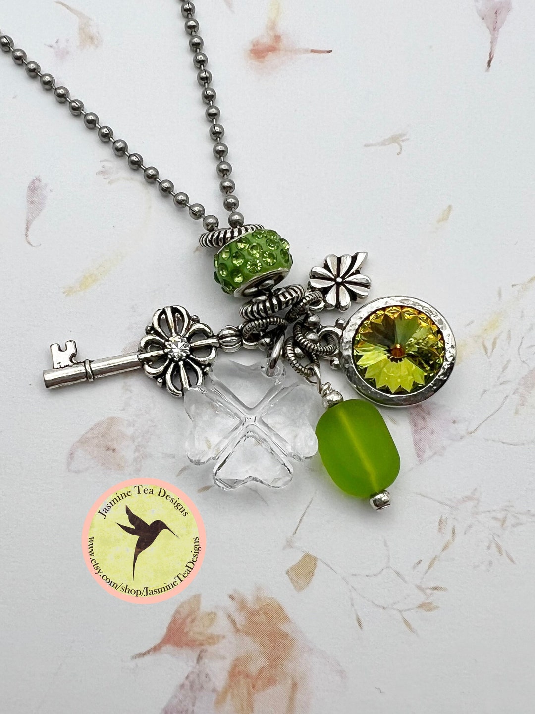 Crystal Shamrock Charm Necklace: Czech Glass, Tierracast Silver Chain ...
