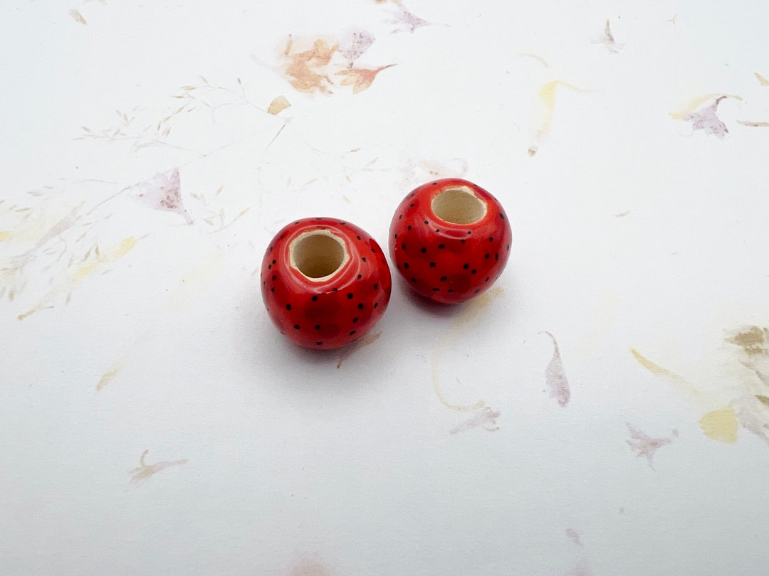 Set of Two, Polka Dot Stoneware Beads, Extra Large Hole Beads, Large ...