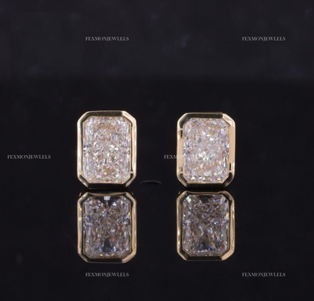 Radiant Cut Moissanite Earring 1 + 1 Ct Radiant Cut Stud Earrings Bezel ...