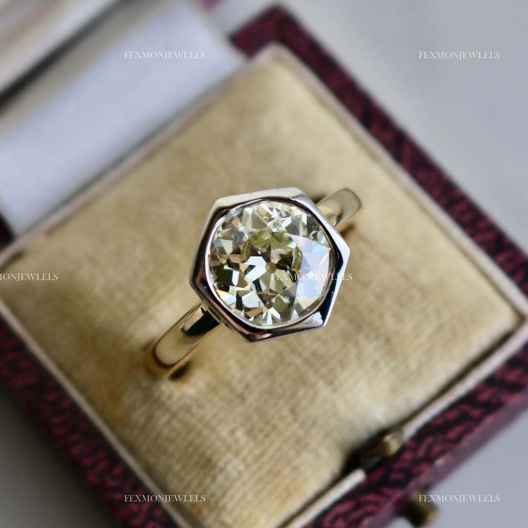 2.00 Ct Hexagon Moissanite Ring, Bezel Set Antique Gold Engagement Ring ...