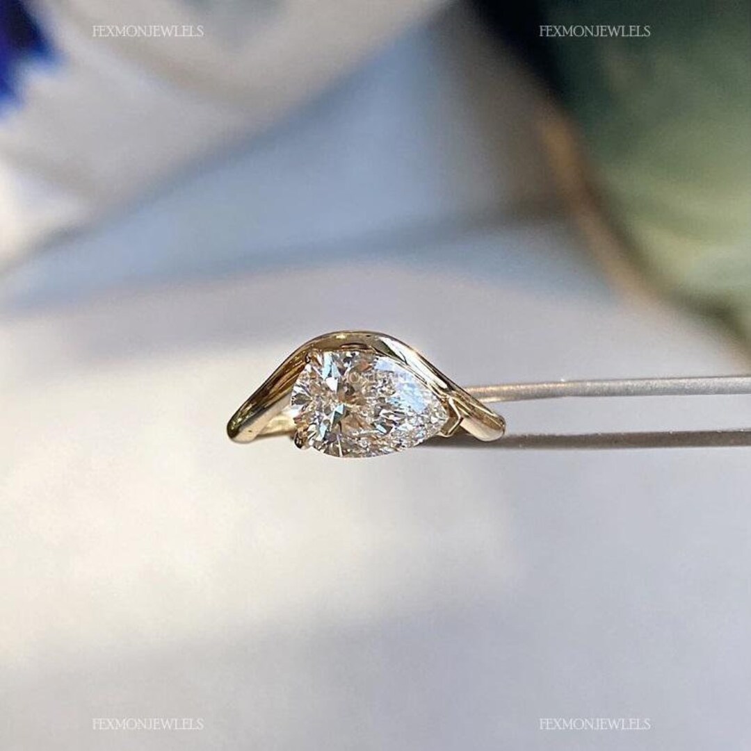 East West Pear Cut Moissanite Engagement Ring, 18k Gold Bezel Setting ...