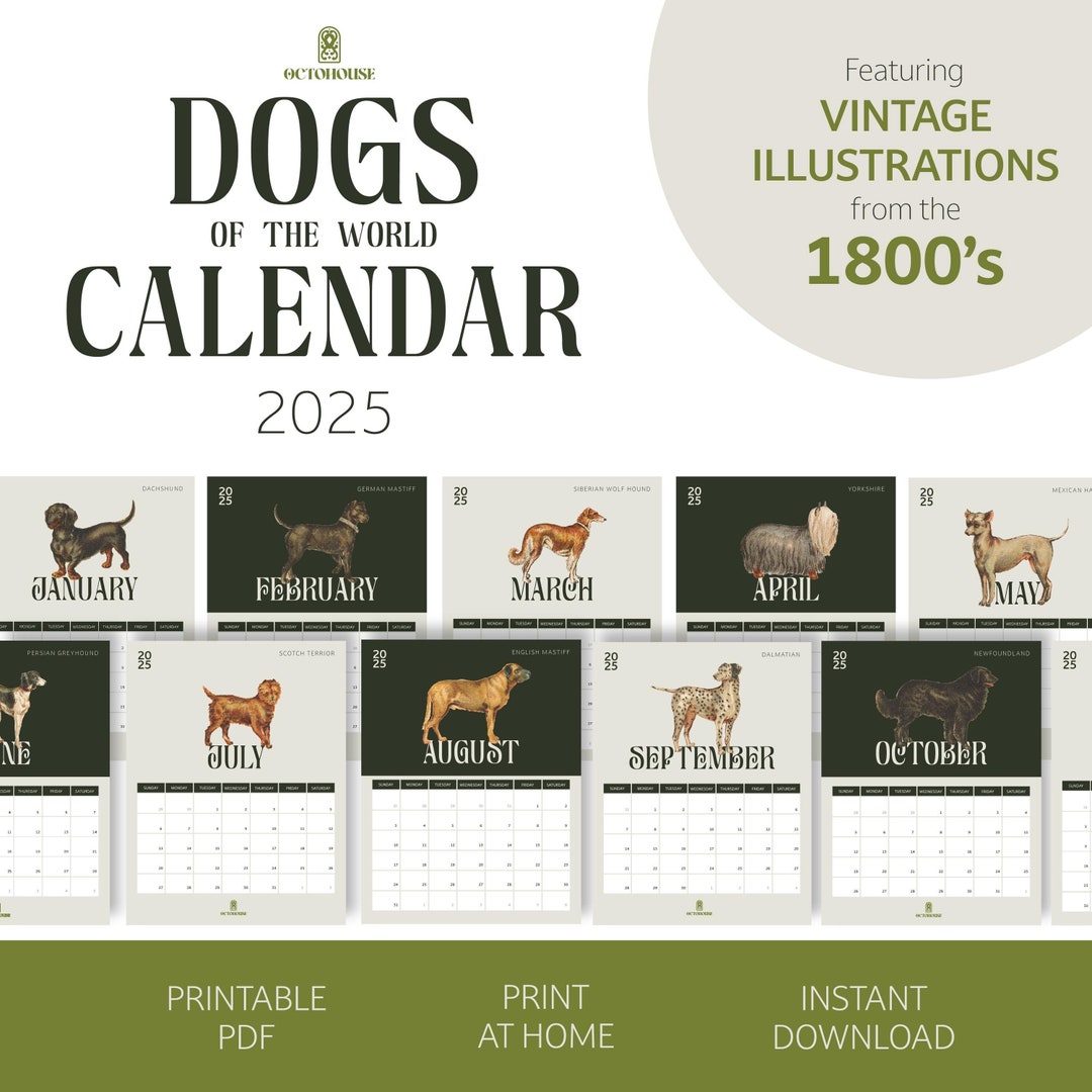 2025 Printable Calendar | Vintage Dog Illustrations | Vertical Monthly ...