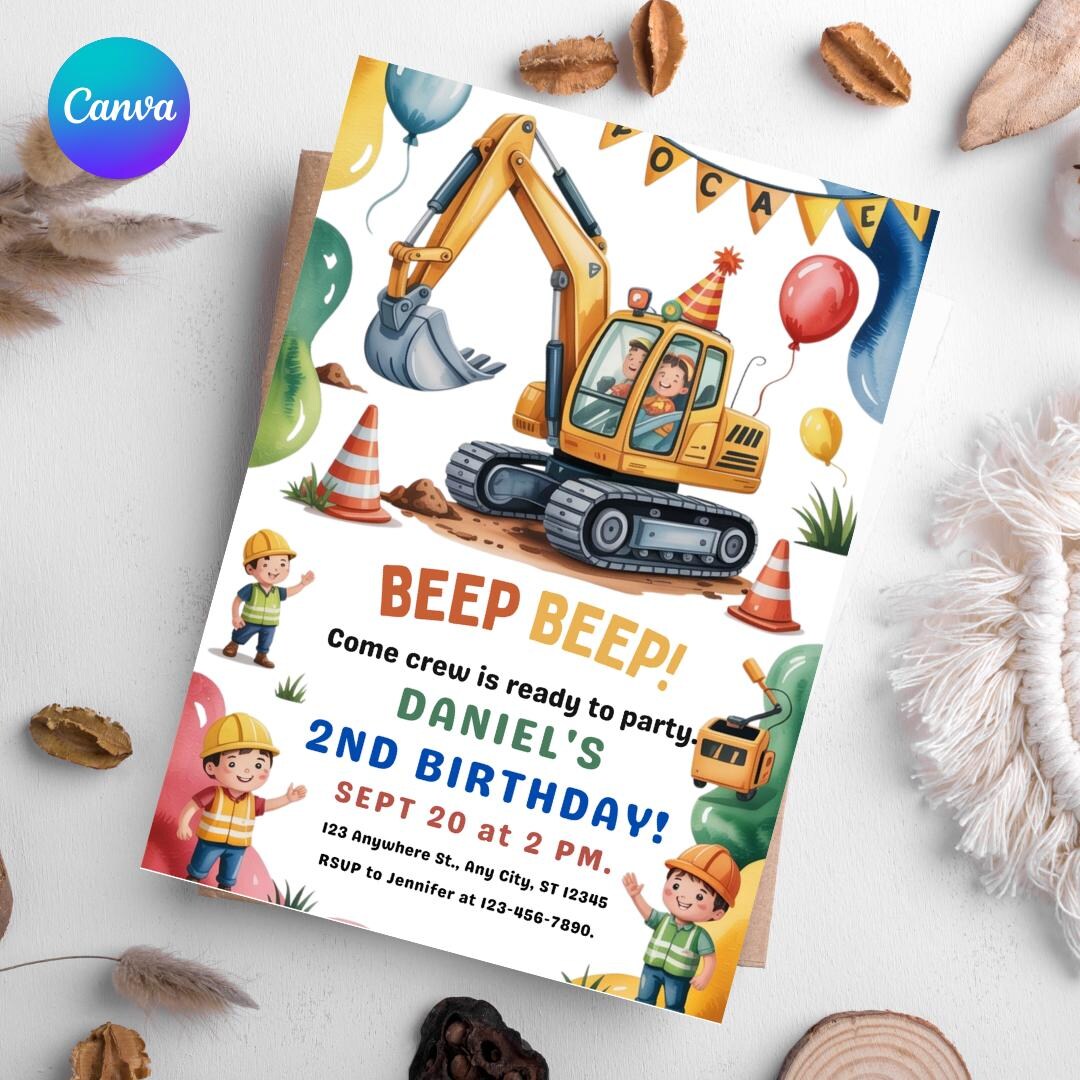 Editable Construction Theme Birthday Invitation | Birthday Invitation ...