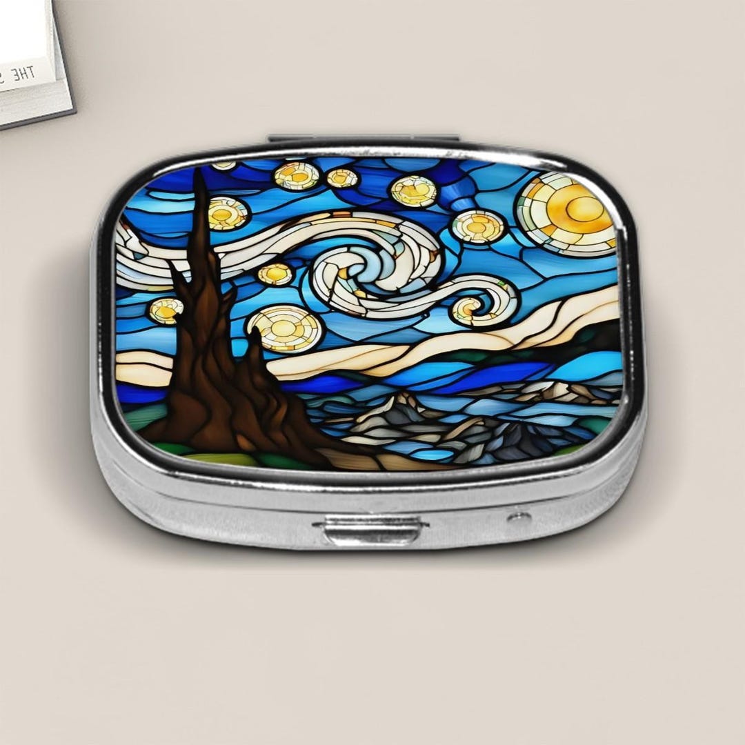 Van Gogh Starry Night Inspired Pill Box – Square Metal Travel Pill Case ...