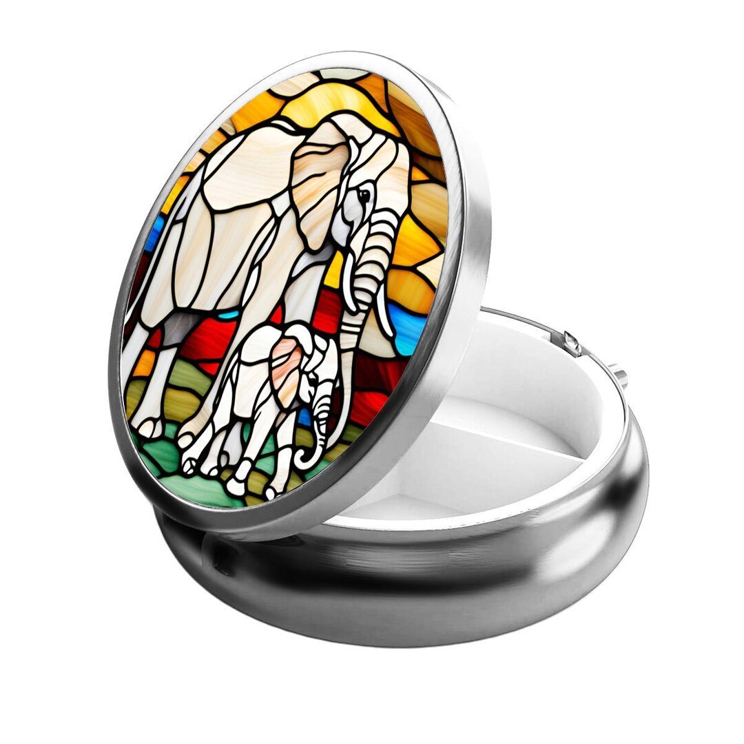 Elephant Round Small Pill Box, Elephant Mama and a Calf Pill Box, Pill ...