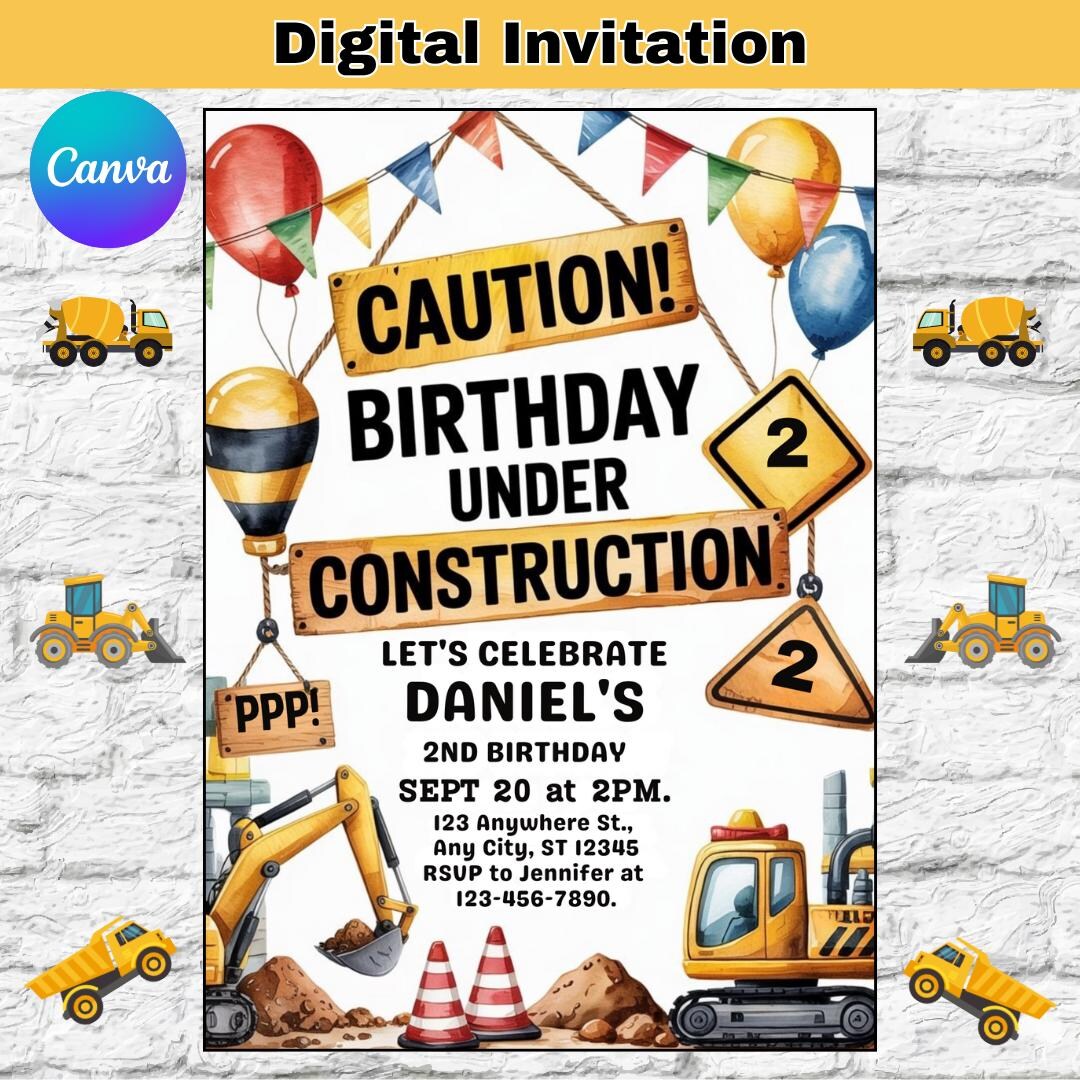 Editable Construction Theme Birthday Invitation | Birthday Invitation ...