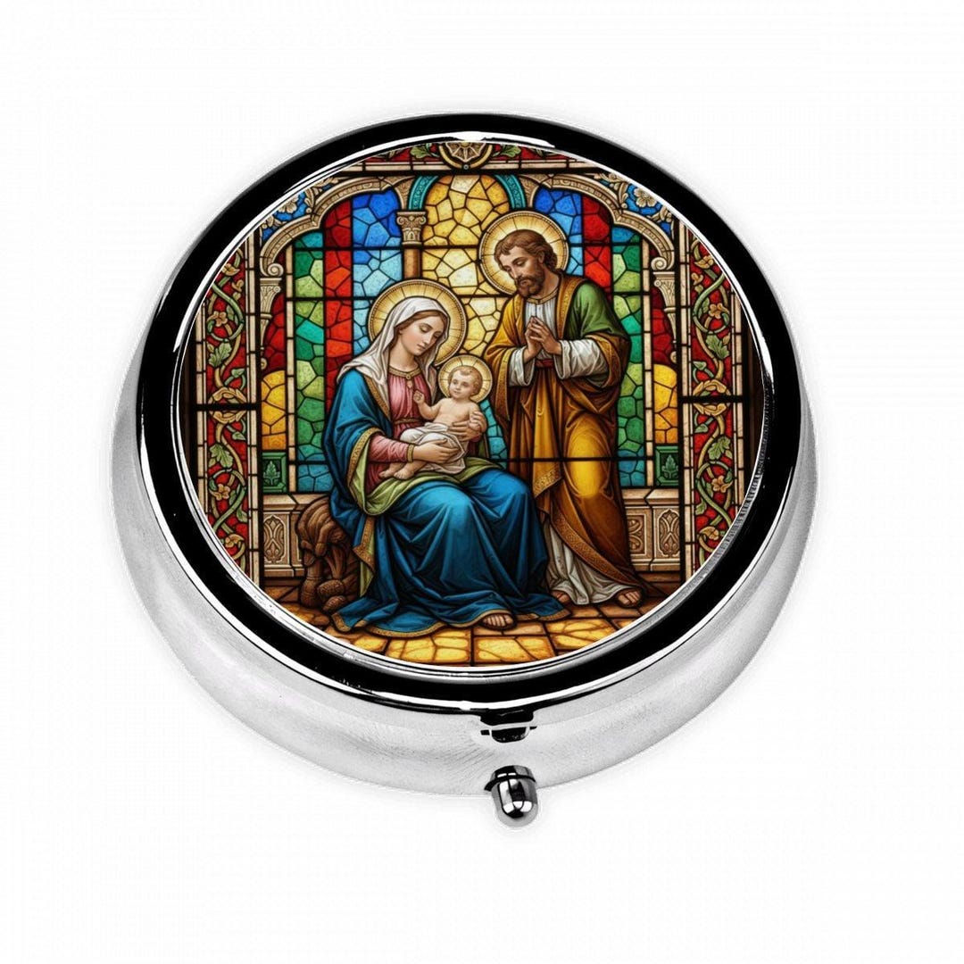 Holy Family Pill Case With Stained Glass Design – Round Religious Pill ...