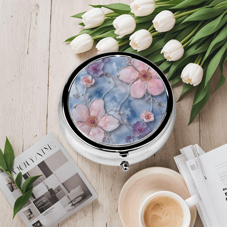 Stained Glass Cherry Blossom Pill Box – Small Round Floral Pill Case ...
