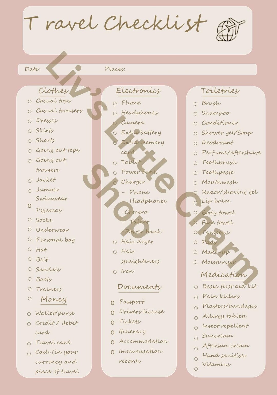 Travel Checklist, Editable, Downloadable List, Vacation List, Travel ...