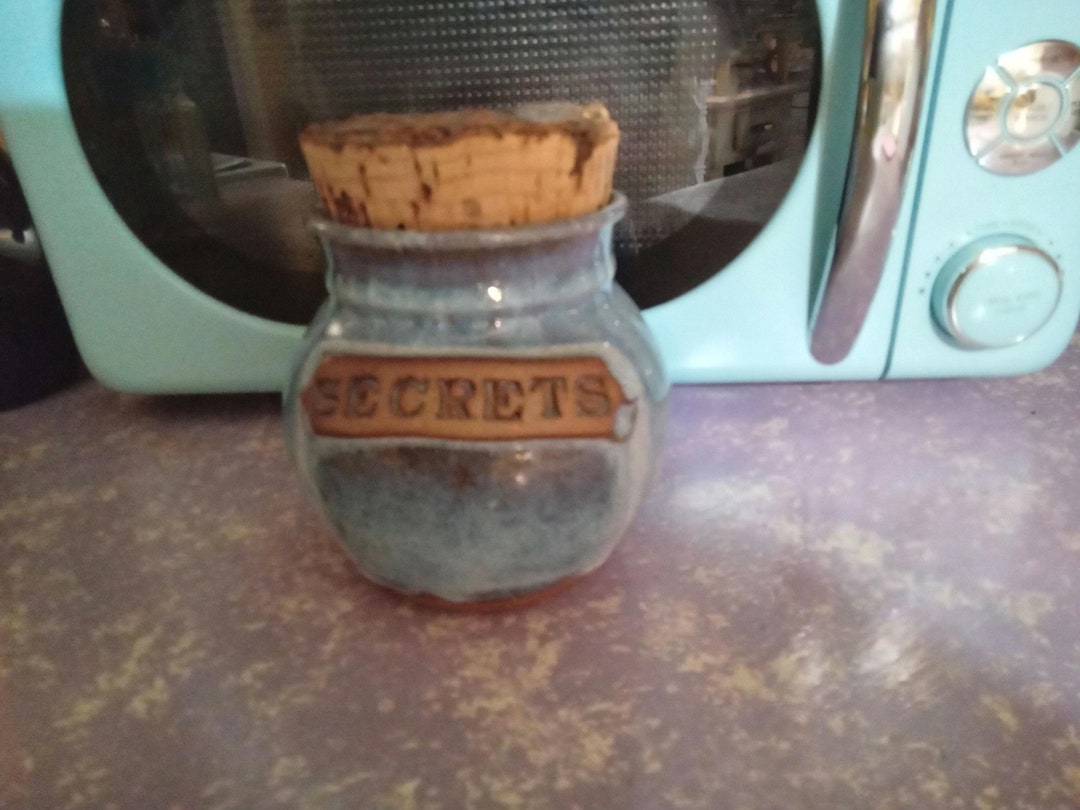 Vintage Blue Pottery "secrets" Jar With Cork Lid - Etsy