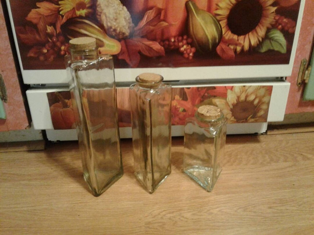 3 Vintage Triangular Shaped Clear Glass Jars With Corks / Storage Jars ...