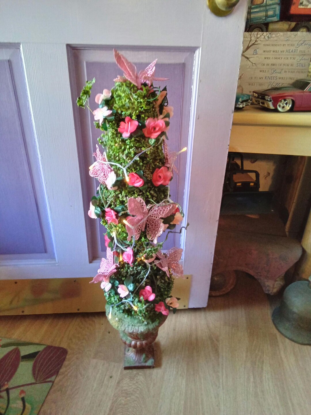 Tall 31" Lighted Green Topiary With Pink Flowers and Butterflies / Pink ...
