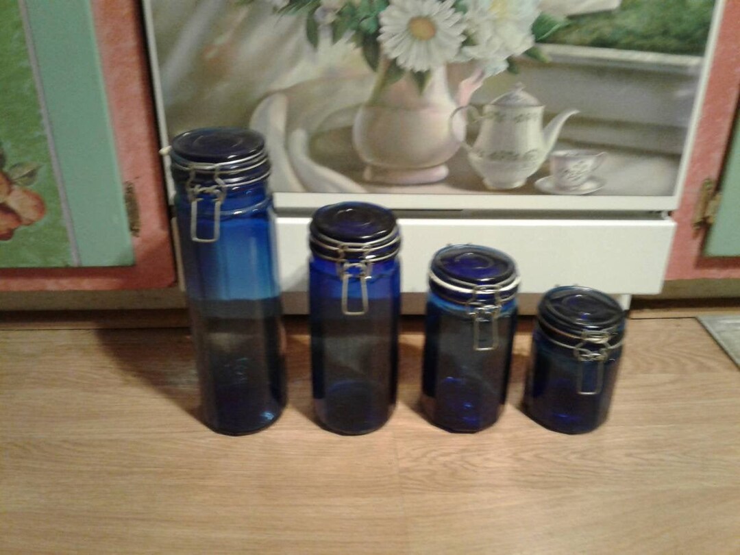 4 Vintage Cobalt Blue Glass Canisters / Matching Blue Glass Storage ...