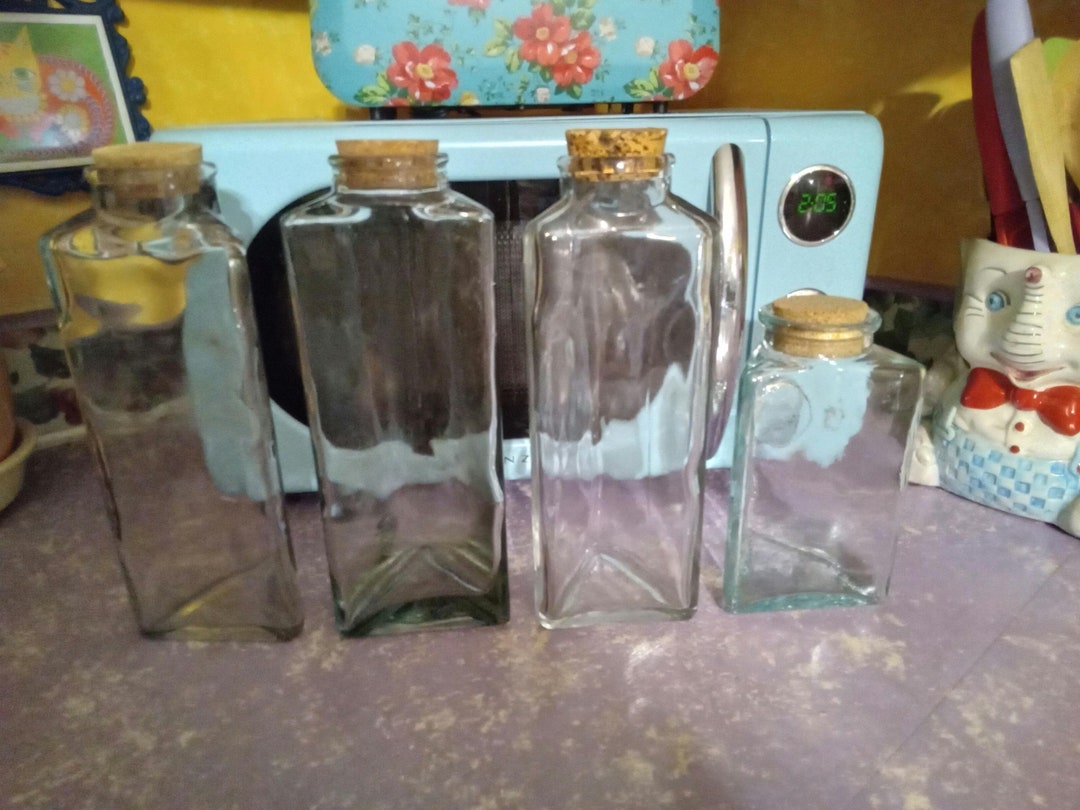 4 Vintage Triangle Clear Glass Storage Jars With Corks / Glass Canister ...