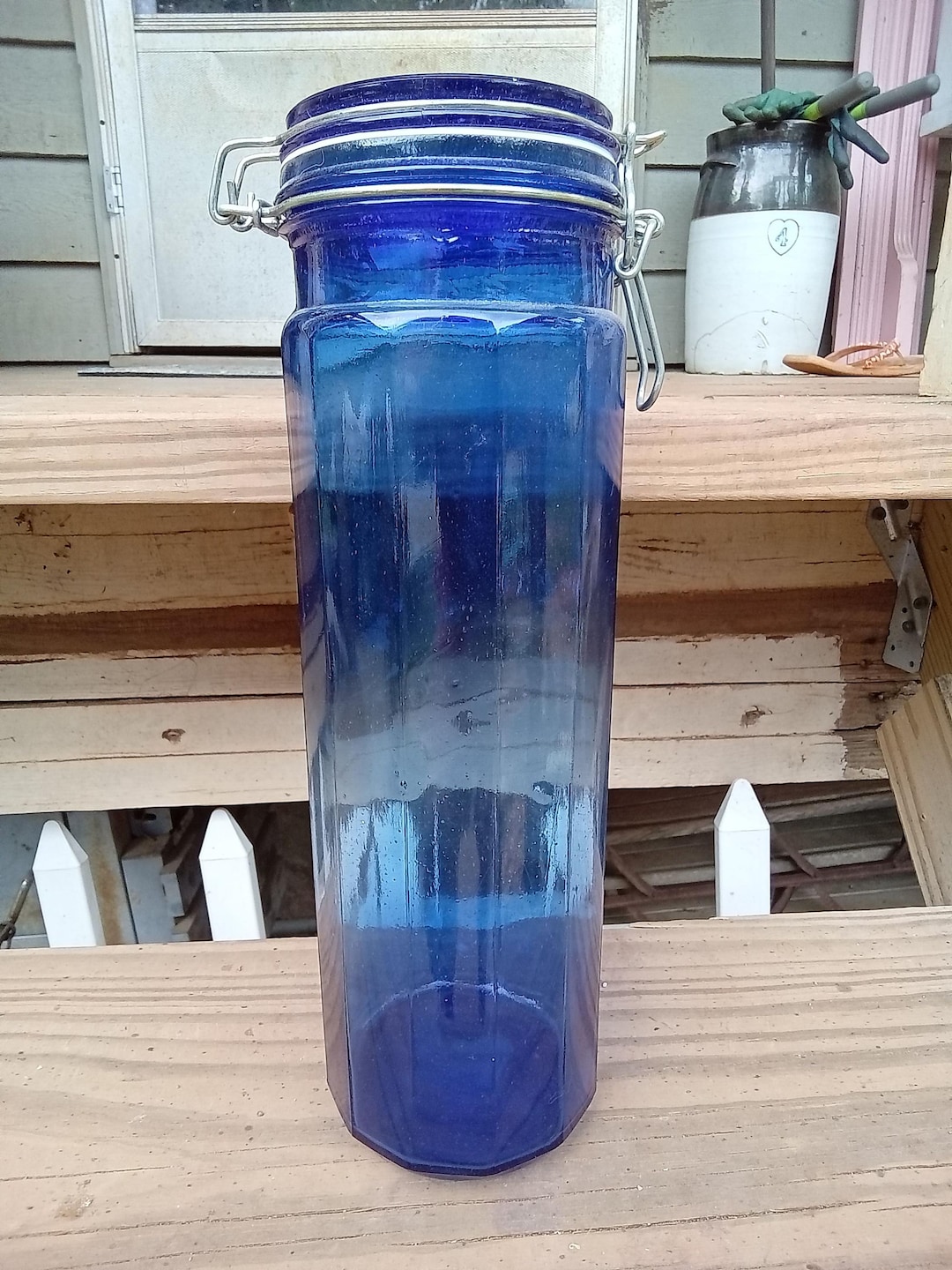Tall Vintage Round Cobalt Blue Glass Canister / Round Blue Glass ...