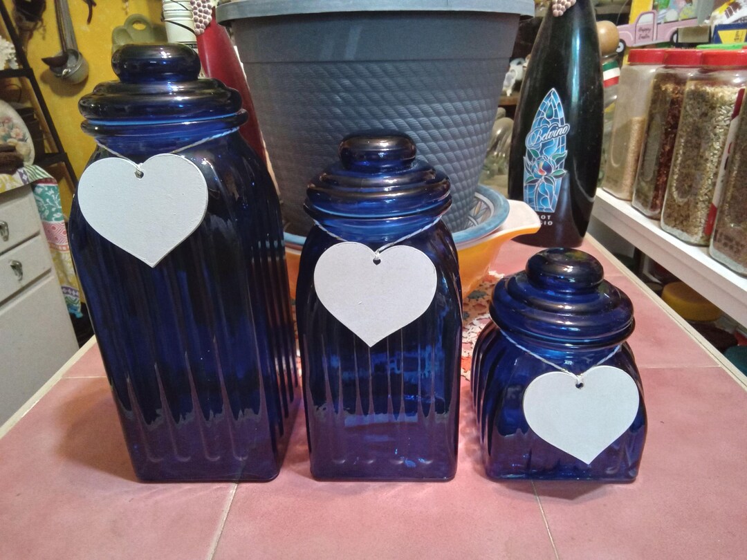 3 Square Cobalt Blue Glass Canisters With White Hearts / Cobalt Blue ...