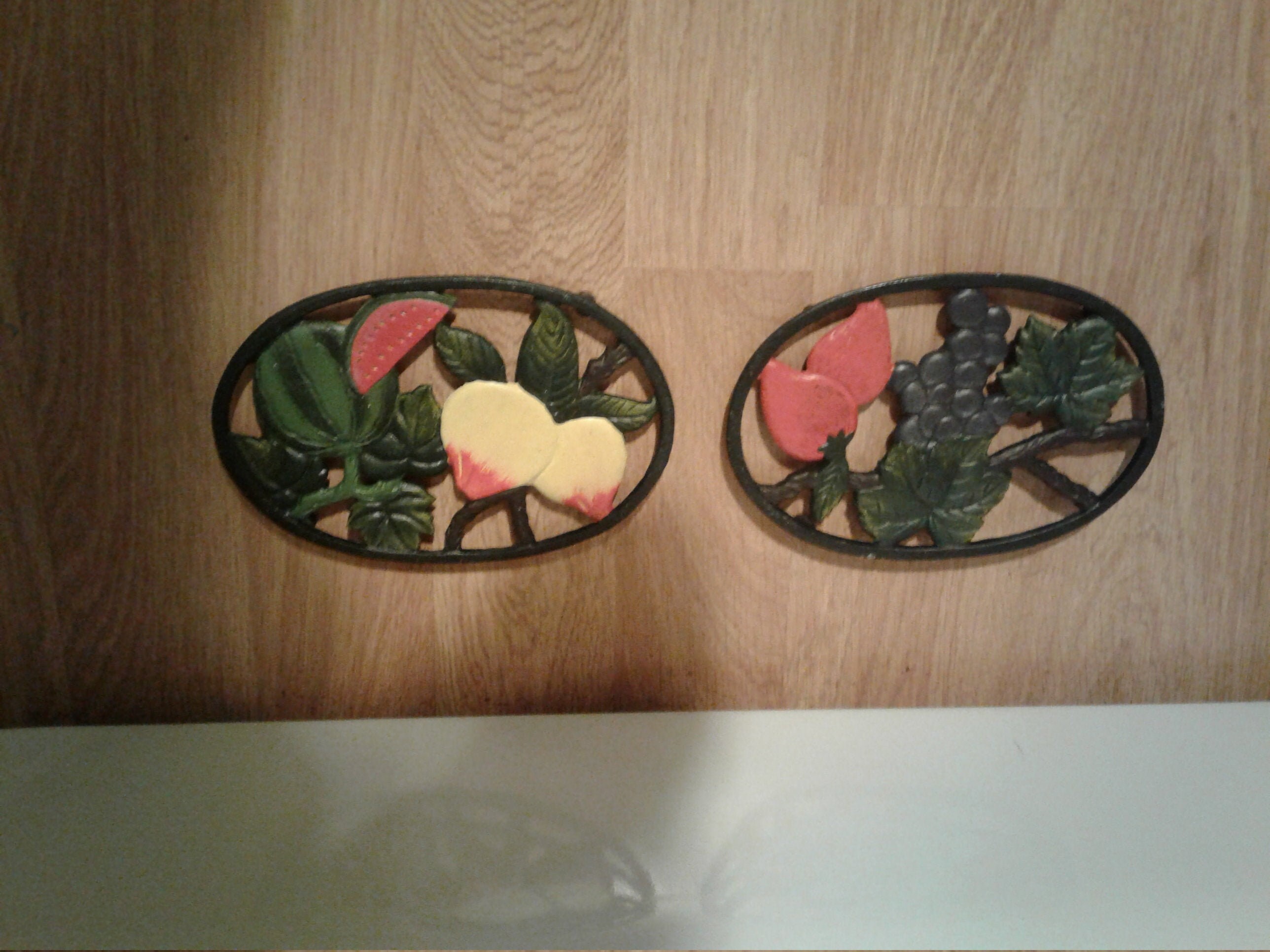 2 Vintage Cast Iron Oval Trivets with Fruit / Strawberry | Etsy