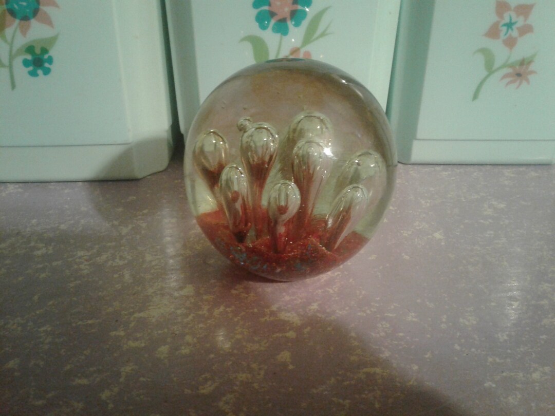 Large Round Vintage Clear and Red Glass Bubble Paperweight / Glass ...