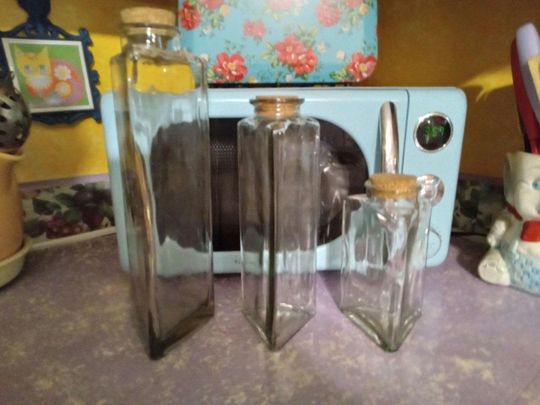 3 Matching Vintage Triangle Clear Glass Storage Jars With Corks / Glass ...