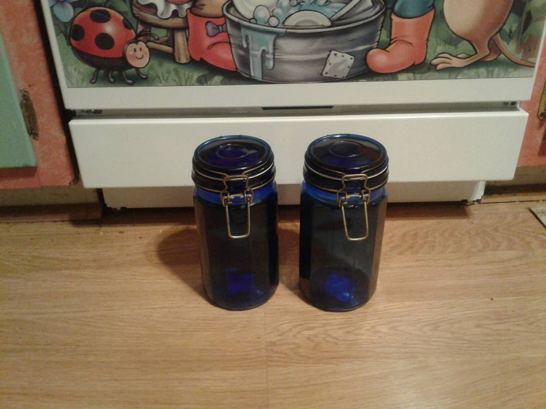2 Vintage Round Cobalt Blue Glass Canisters / Blue Glass Storage Jars ...