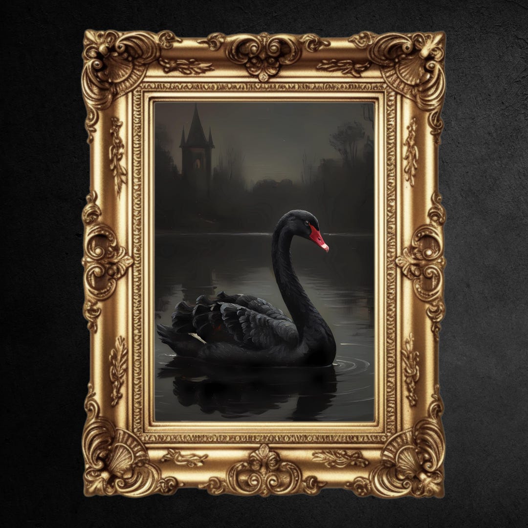 Black Swan Wall Art, Gothic Lake Oil Painting, Moody Dark Academia ...