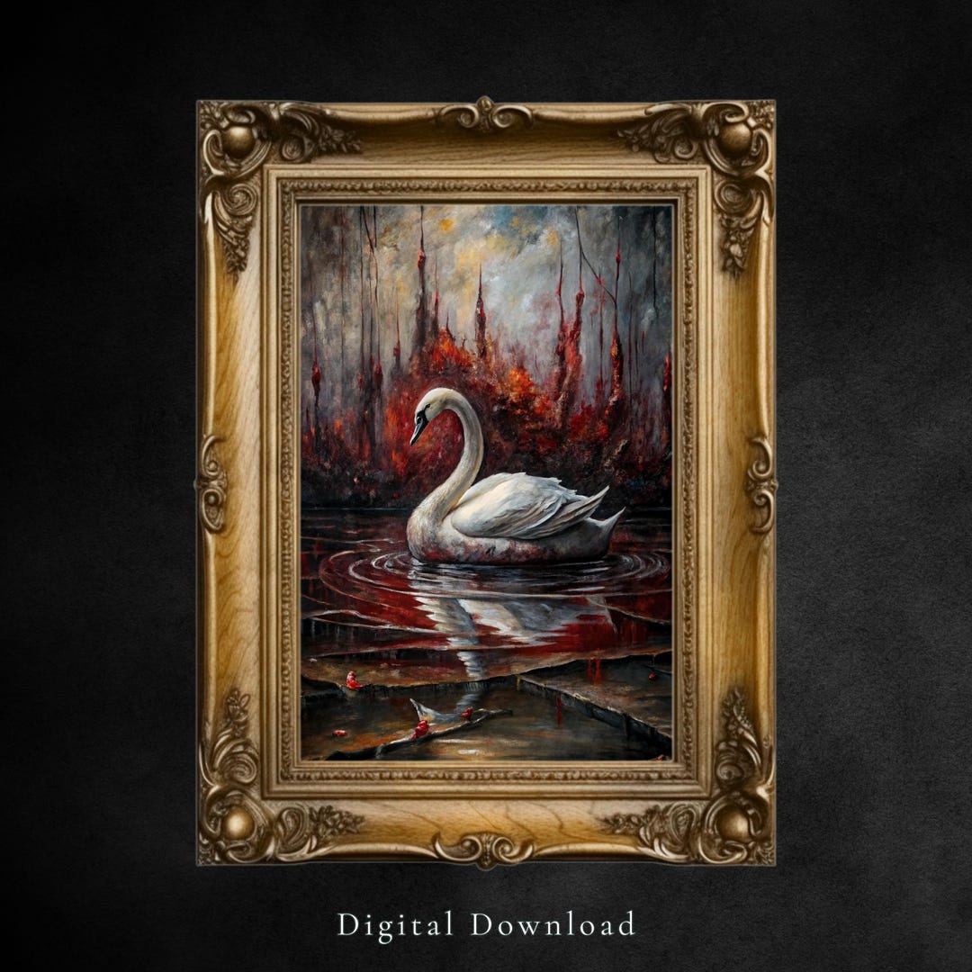 Surreal Swan on Red Lake, Moody Gothic Animal Painting, Dark Academia ...